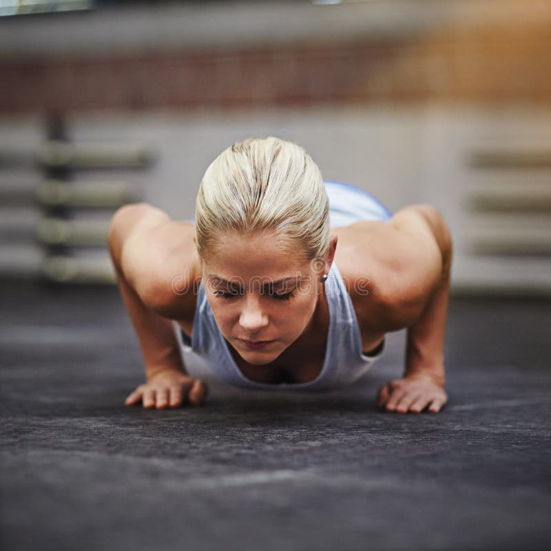 Woman, Pushups and Track for Sports, Exercise and Warm Up in Stadium or ...