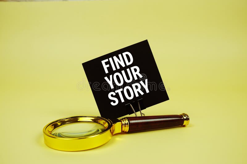 Find Your Story Text Message on Sticky Note with Magnifying Glass on Yellow Background Stock ...