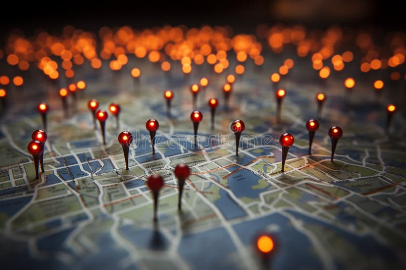 Find Your Way in Paris Map with Red Pins, Bokeh Stock Illustration ...