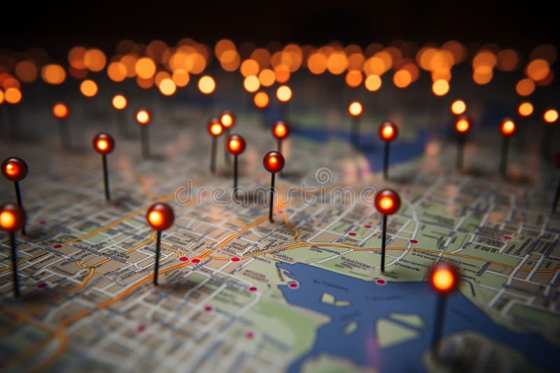 Find Your Way in Paris Map with Red Pins, Bokeh Stock Illustration ...