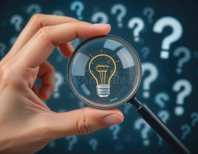 Finding the Answer Light Bulb Idea with Magnifying Glass Stock ...