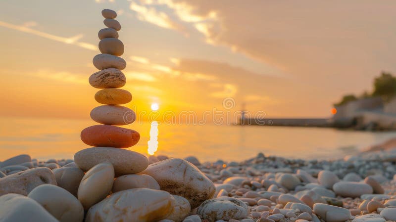 Finding Balance and Tranquility on a Sunset Beach Stock Illustration ...