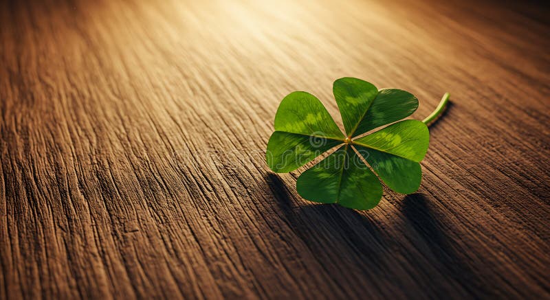 Finding Luck Green Four Leaf Clover on Rustic Wood Table Stock ...
