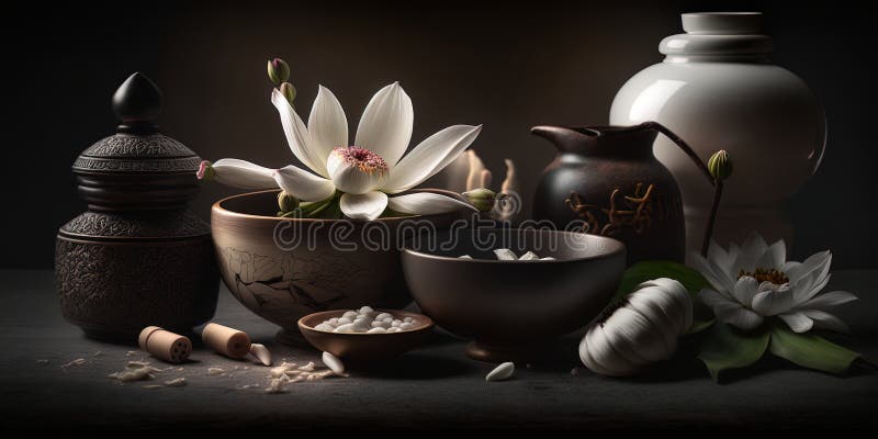 Finding Peace and Calm: a Stone Spa Setting with White Flowers Stock ...