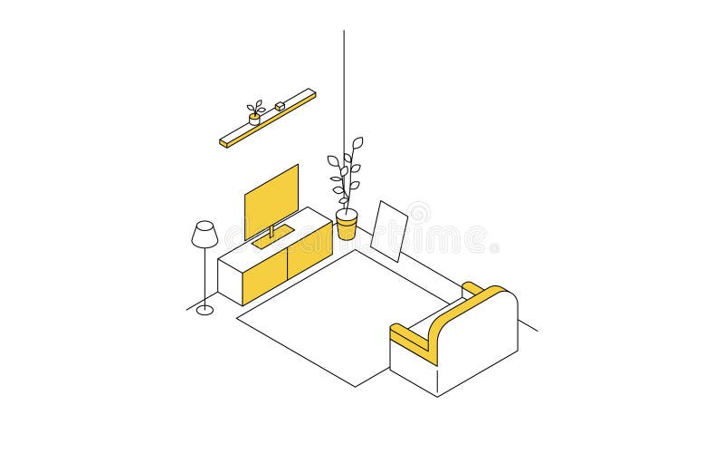 Finding a Room for Rent: Living Room, TV and Sofa Simple Isometric ...