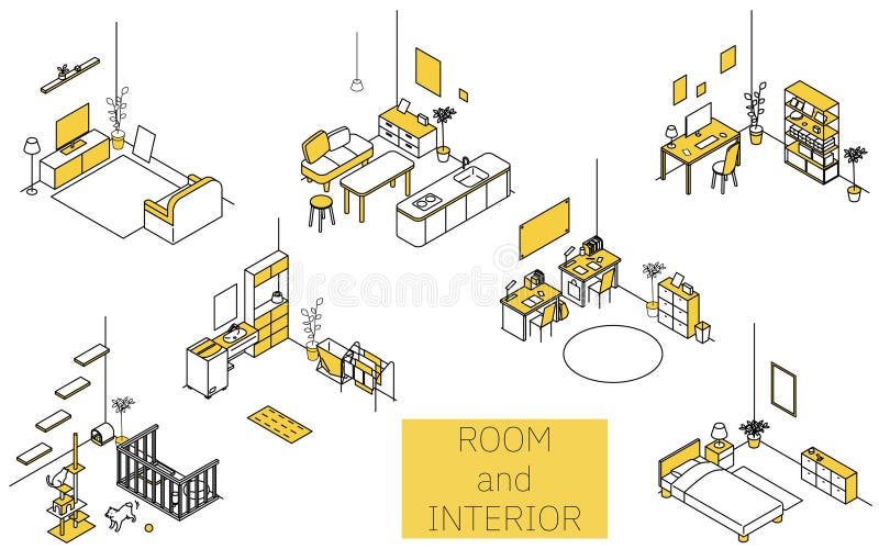 Finding a Room for Rent: Various Rooms, Simple Isometric Illustration ...