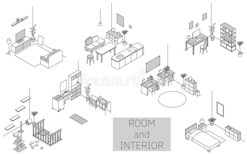 Finding a Room for Rent: Various Rooms, Simple Isometric Illustration ...