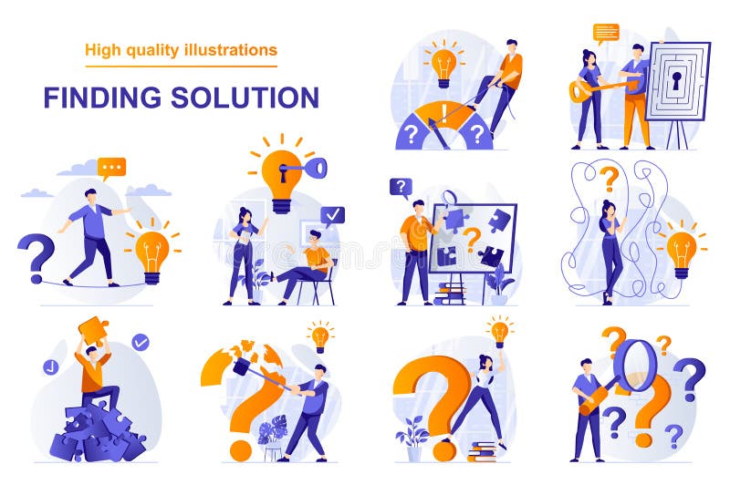 Finding Solution Web Concept with People Scenes Set in Flat Style Stock ...