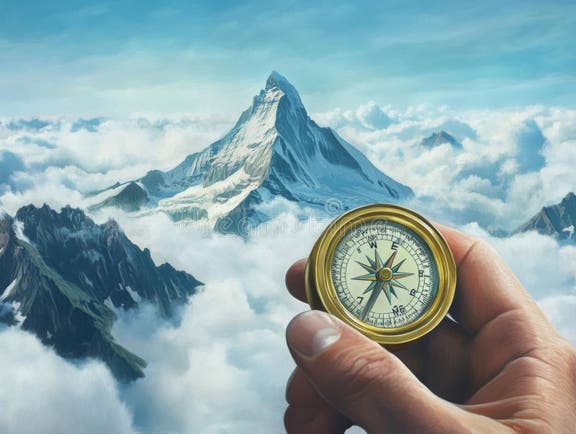 Finding Your Path, a Compass Pointing Towards the Majestic Mountain ...