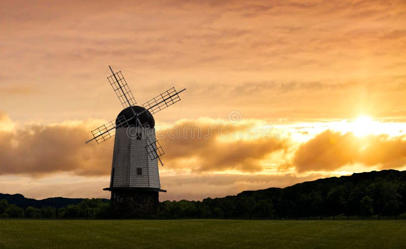 Sunset with windmill stock photo. Image of colorful - 107471052