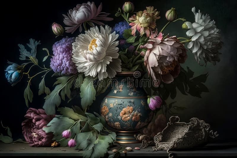 Fine Art Still Life of Flowers Stock Illustration - Illustration of ...