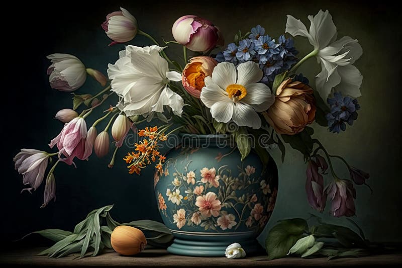 Fine Art Still Life of Flowers Stock Illustration - Illustration of ...