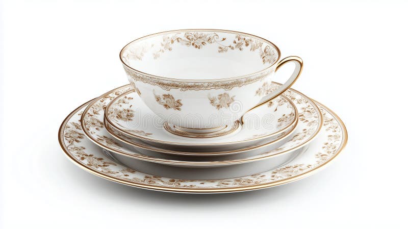 Fine China Dinnerware Set with Delicate Patterns, Isolated on White ...