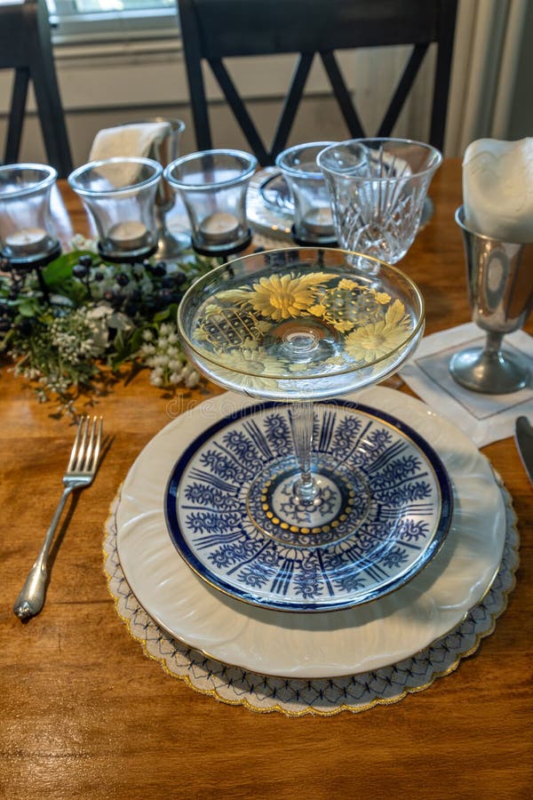 Fine China Plates and a Golden Compote Dish Stock Image - Image of ...