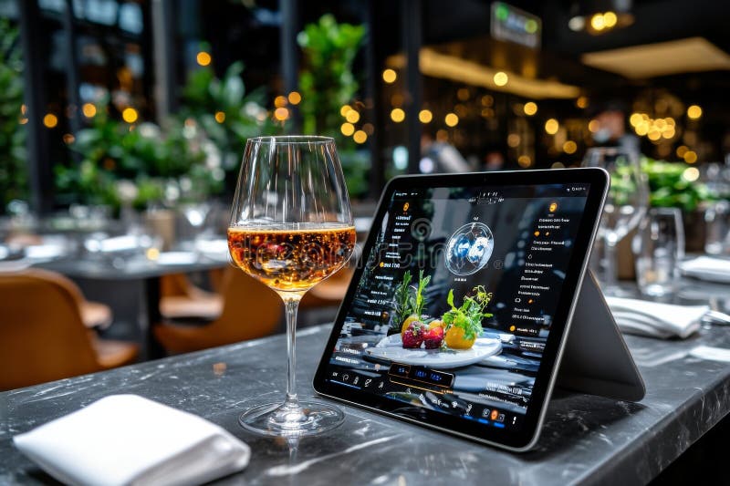 Fine Dining Experience with a Tablet Menu and a Glass of Wine in an ...