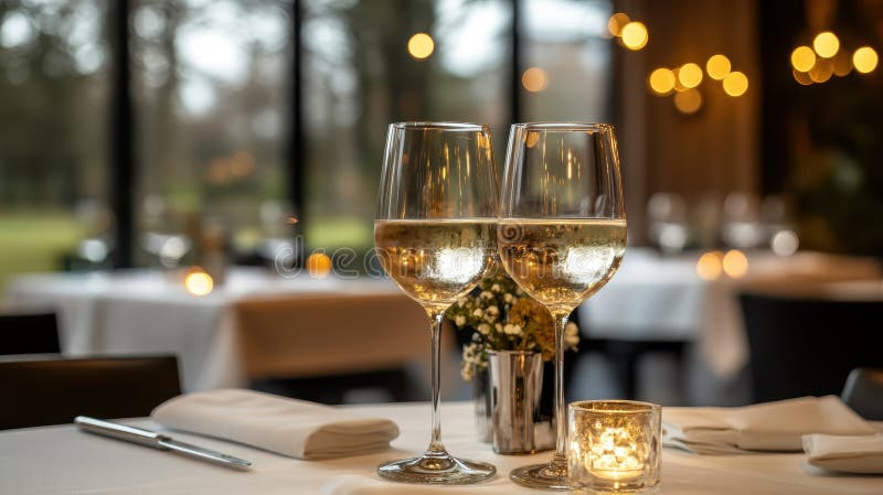 Fine Dining Table Setup Featuring Wine Glasses and a Cozy, Warmly Lit ...