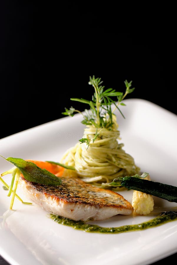 Fine dining, fish fillet stock photo. Image of basil - 36048850