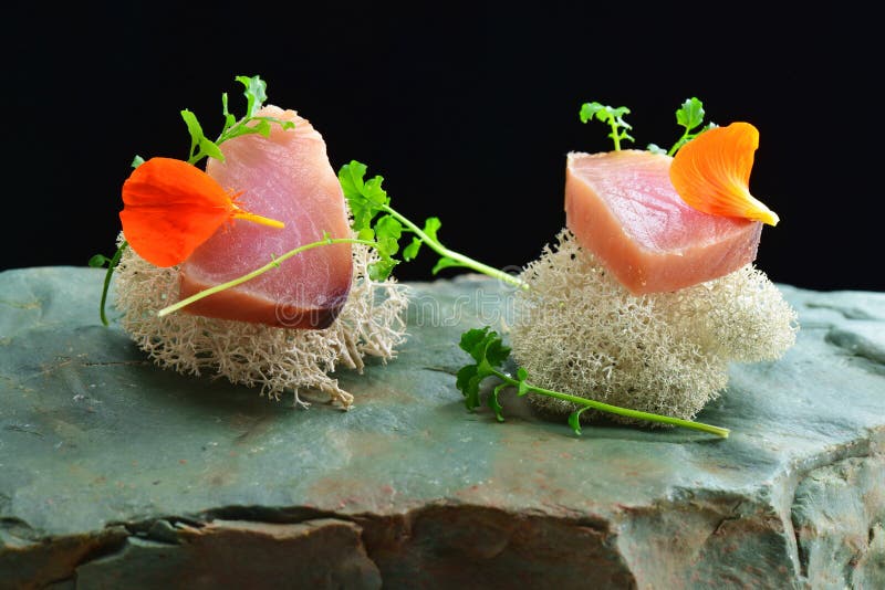Fine Dining, Fresh Raw Ahi Tuna Sashimi Served on an Ocean Sponge Stock ...
