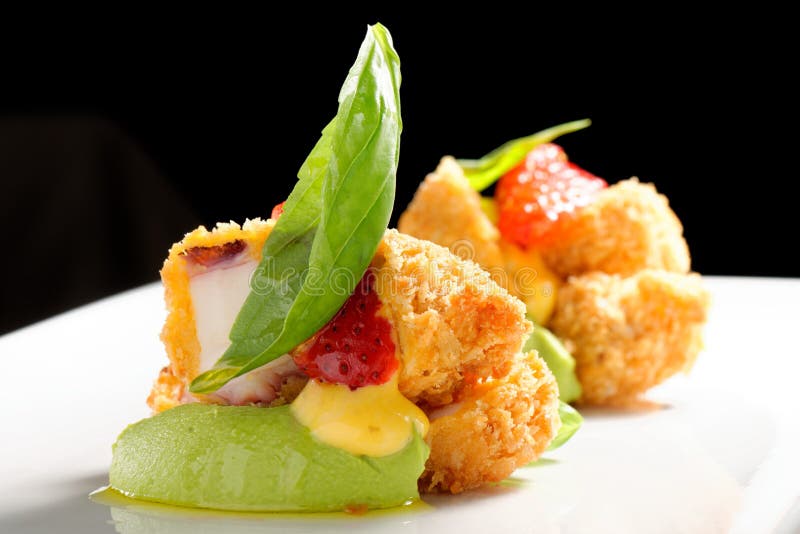 Fine Dining, Fried Octopus on Basil Mousse Stock Photo - Image of diet ...