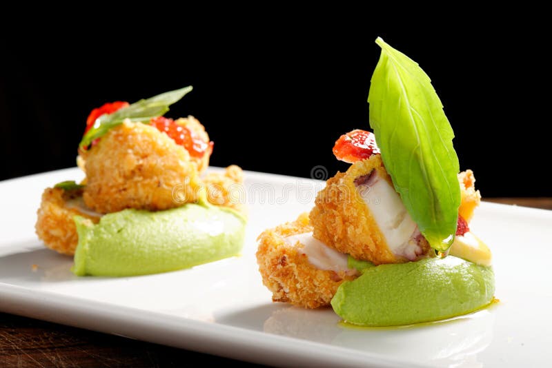 Fine Dining, Fried Octopus on Basil Mousse Stock Image - Image of ...