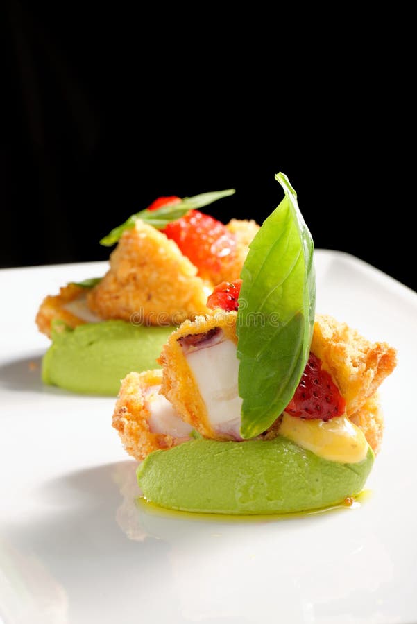 Fine Dining, Fried Octopus on Basil Mousse Stock Image - Image of diet ...