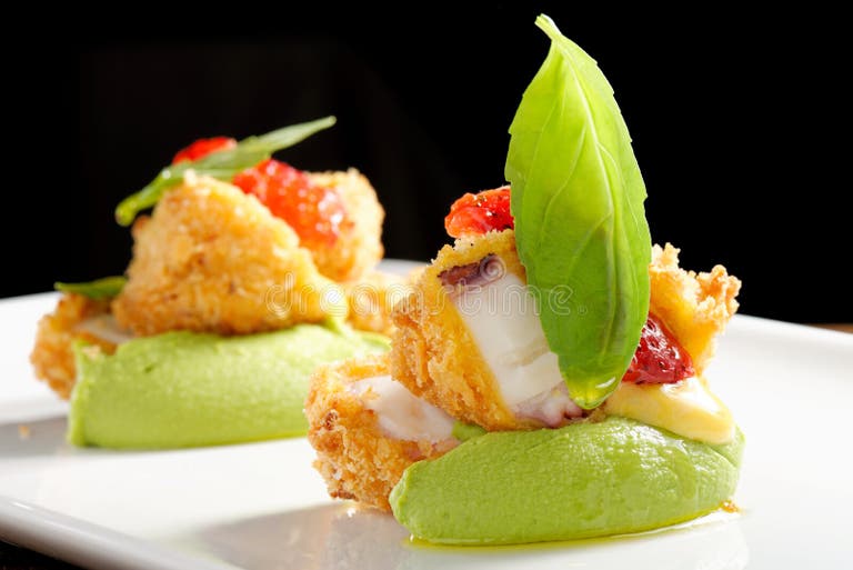 Fine Dining, Fried Octopus on Basil Mousse Stock Photo - Image of fresh ...