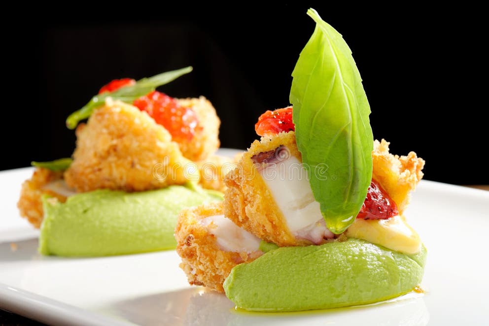 Fine Dining, Fried Octopus on Basil Mousse Stock Photo - Image of fresh ...