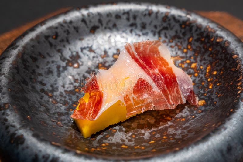 Fine Dining : Iberico Ham with Mango Stock Image - Image of fine, plate ...