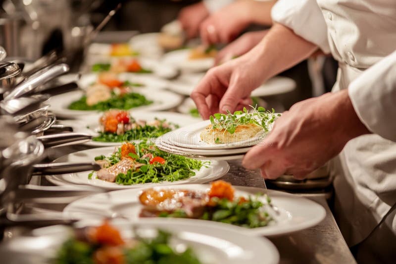 A Fine Dining Kitchen in Action, with Chefs in White Uniforms Focused ...