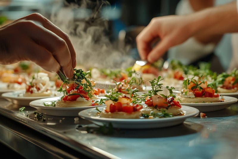 A Fine Dining Kitchen in Action, with Chefs in White Uniforms Focused ...