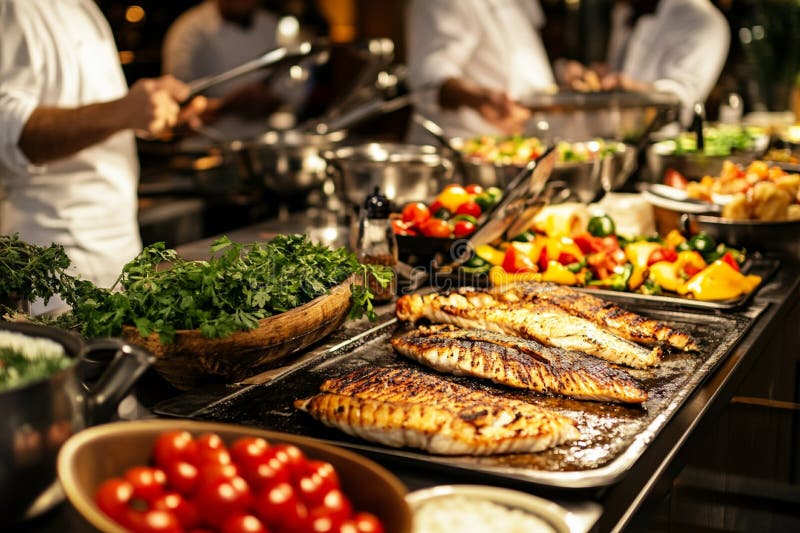 A Fine Dining Kitchen in Action, with Chefs in White Uniforms Focused ...