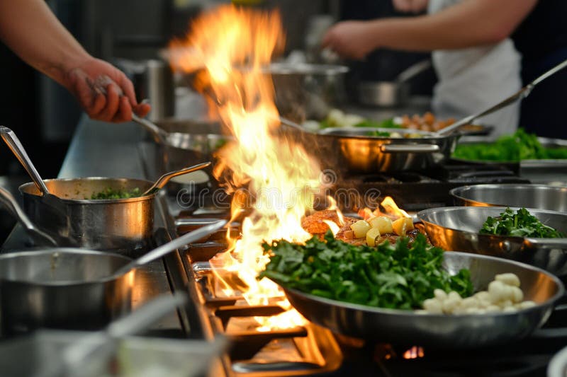 A Fine Dining Kitchen in Action, with Chefs in White Uniforms Focused ...