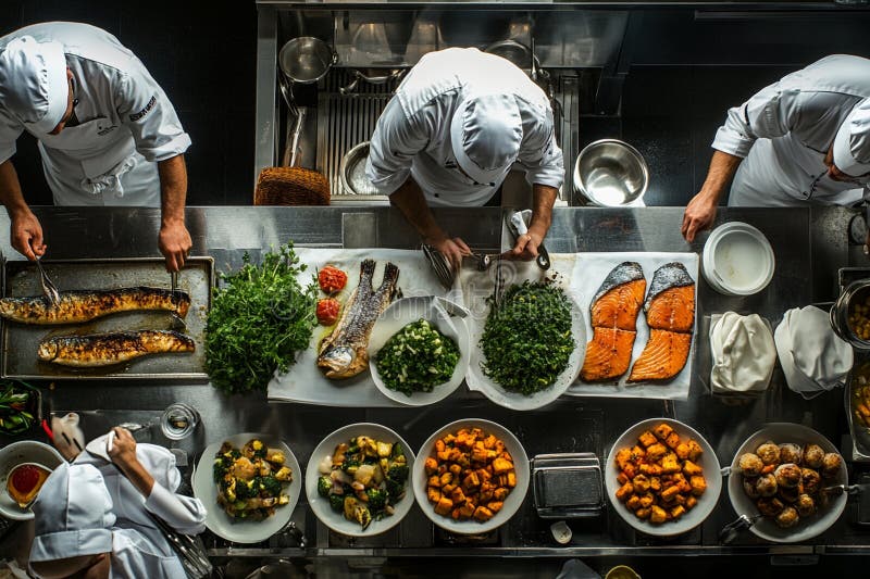 A Fine Dining Kitchen in Action, with Chefs in White Uniforms Focused ...