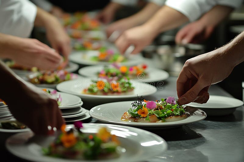 A Fine Dining Kitchen in Action, with Chefs in White Uniforms Focused ...