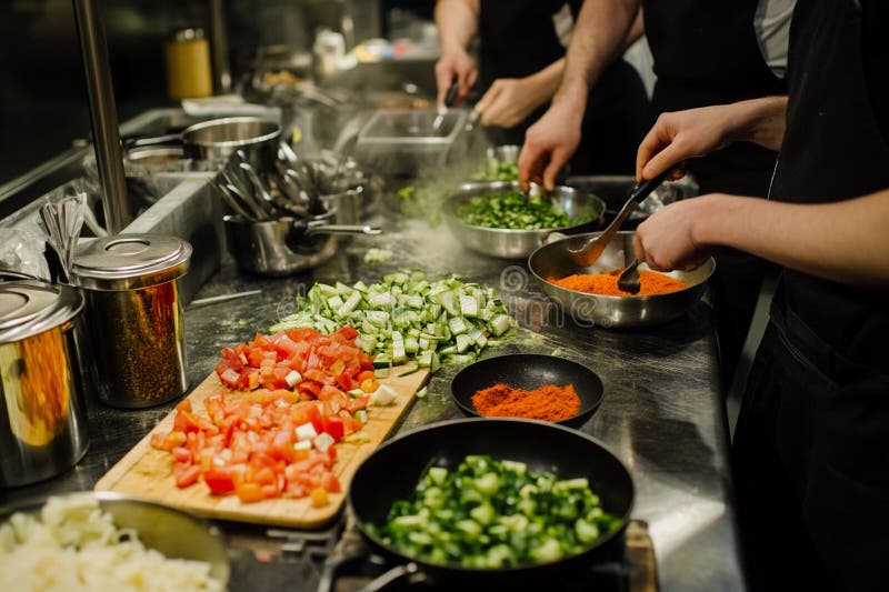 A Fine Dining Kitchen in Action, with Chefs in White Uniforms Focused ...