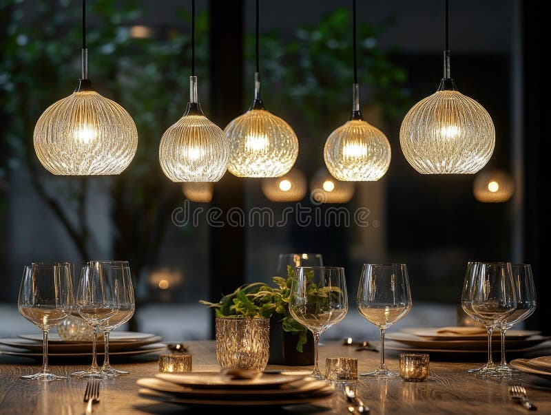 Fine Dining Restaurant Atmosphere with Hanging Light Decoration Stock ...