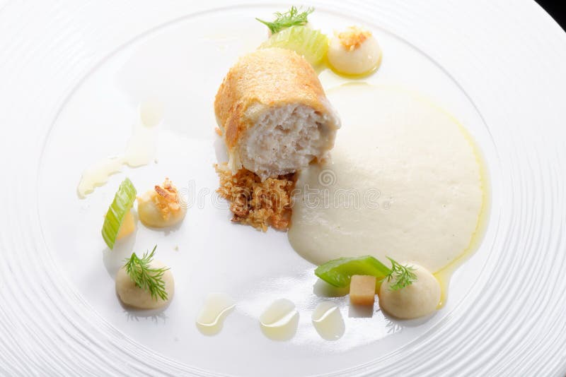 Fine Dining, Trout Fish Fillet Breaded in Herbs and Spice Stock Image ...