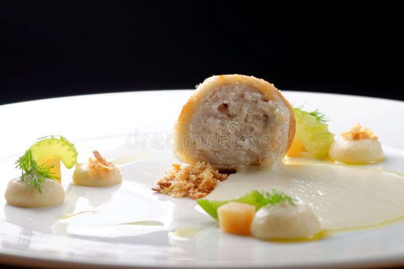 Fine Dining, Trout Fish Fillet Breaded in Herbs and Spice Stock Photo ...