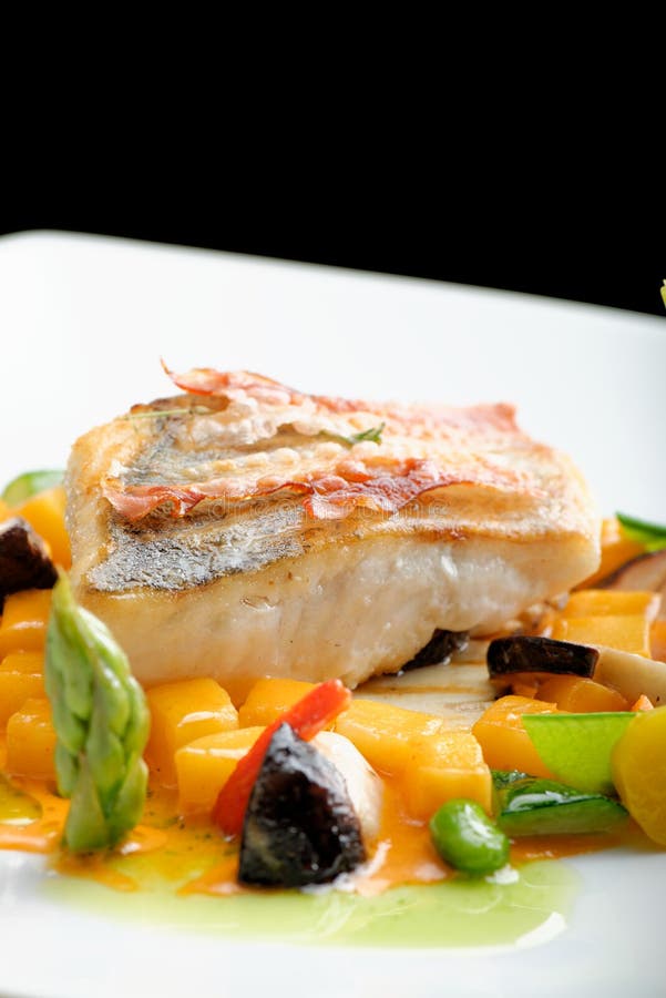 Fine Dining, White Fish Fillet Breaded in Herbs and Spice with Grilled ...