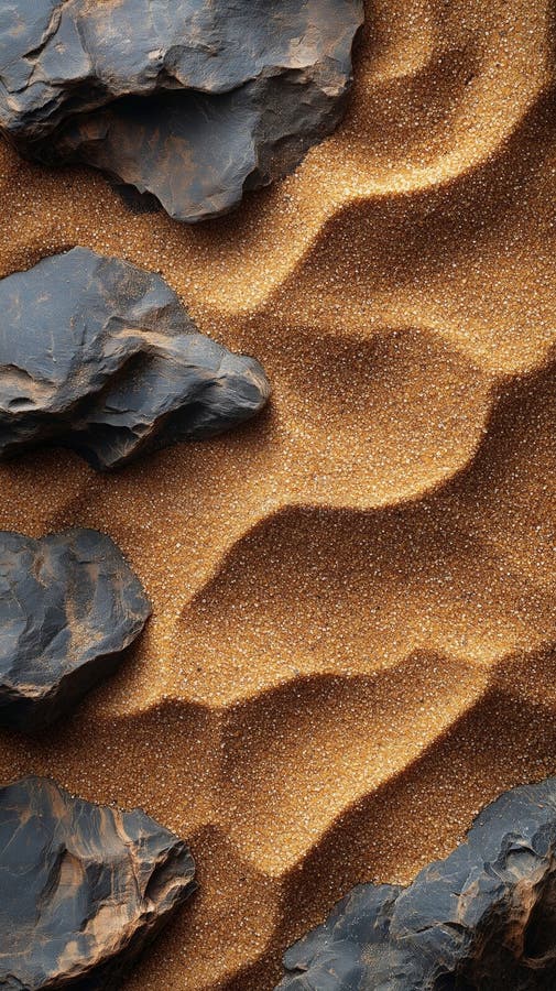 Textured Sand Patterns with Black Rocks in Wavy Formation Stock Photo ...