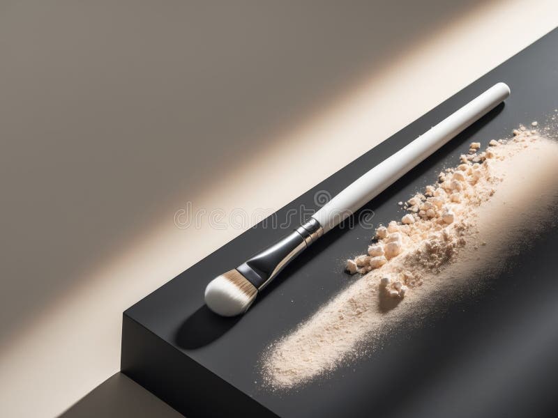 Fine Makeup Brush Meets Loose Powder on Dark Surface in a Beauty ...