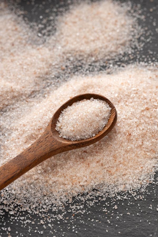 Fine Pink Himalayan Salt in Spoon - Rustic Stone Background Stock Photo ...