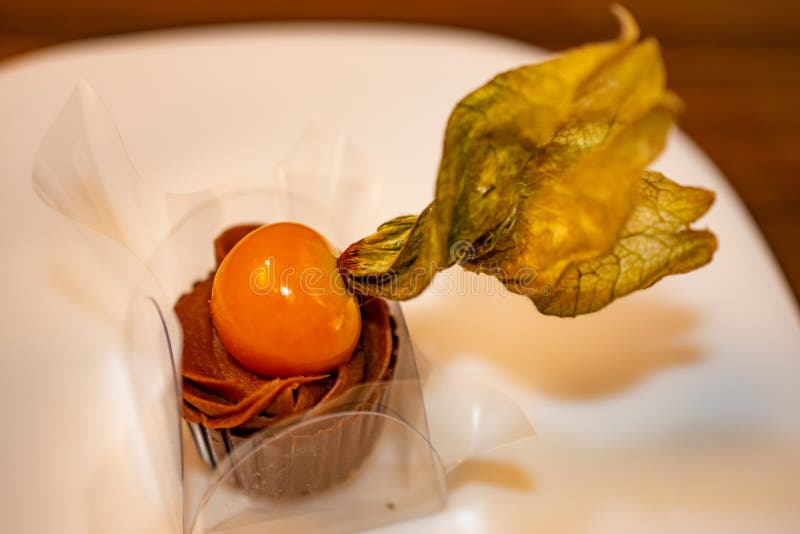 Fine Sweets for Parties with Chocolate and Physalis. Decorated on a ...