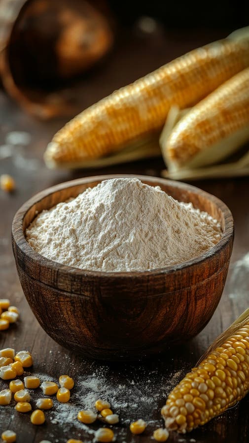 Fine White Corn Flour in Rustic Wooden Bowl, Fresh Corn Cobs on a ...