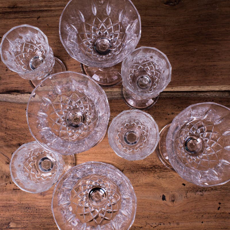 Finely Chiseled Crystal Glasses Flat Top View From Above On Woo Stock Image Image Of Table