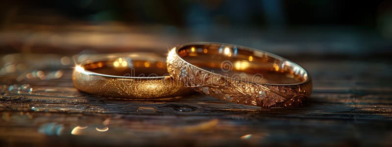 Finely Engraved Gold Wedding and Engagement Rings Together on a Table ...