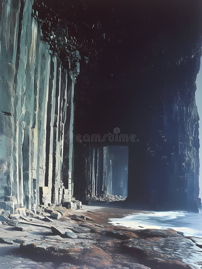 Fingal_S Cave - a Cave with a Large Rock Wall Stock Illustration ...