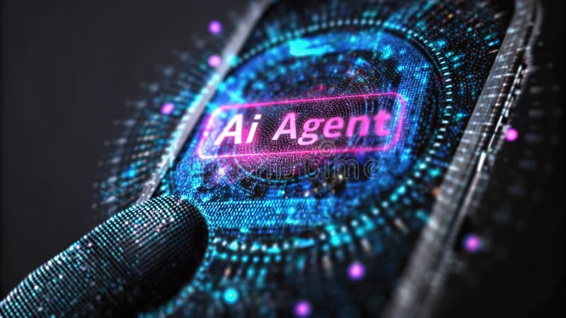 Finger Activates Glowing Ai Agent Button on a Complex Digital ...