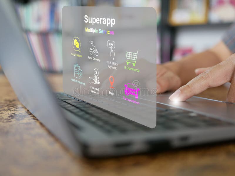 Finger Activates a Virtual Screen of a Super App on a Computer Notebook ...
