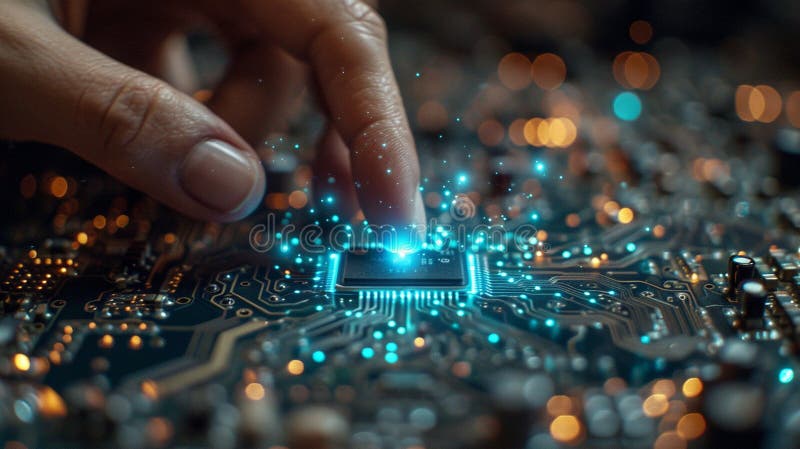 Finger Activating a Computer Chip on a Circuit Board Stock Illustration ...